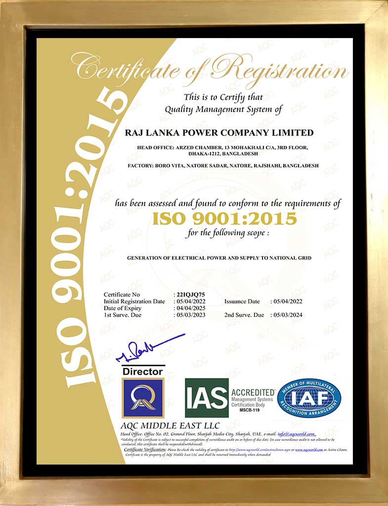 Quality Management System Certificate – 2015 – Raj Lanka Power Company ...